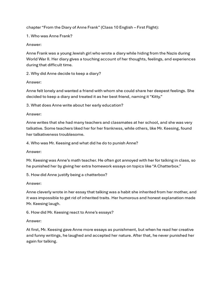 The Diary of Anne Frank Questions Answer | PDF