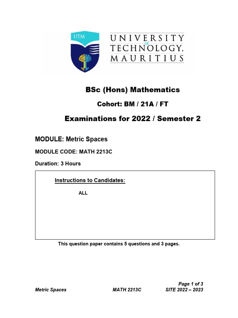 Metric Spaces Exam Paper MATH 2213C | PDF | Mathematical Concepts ...