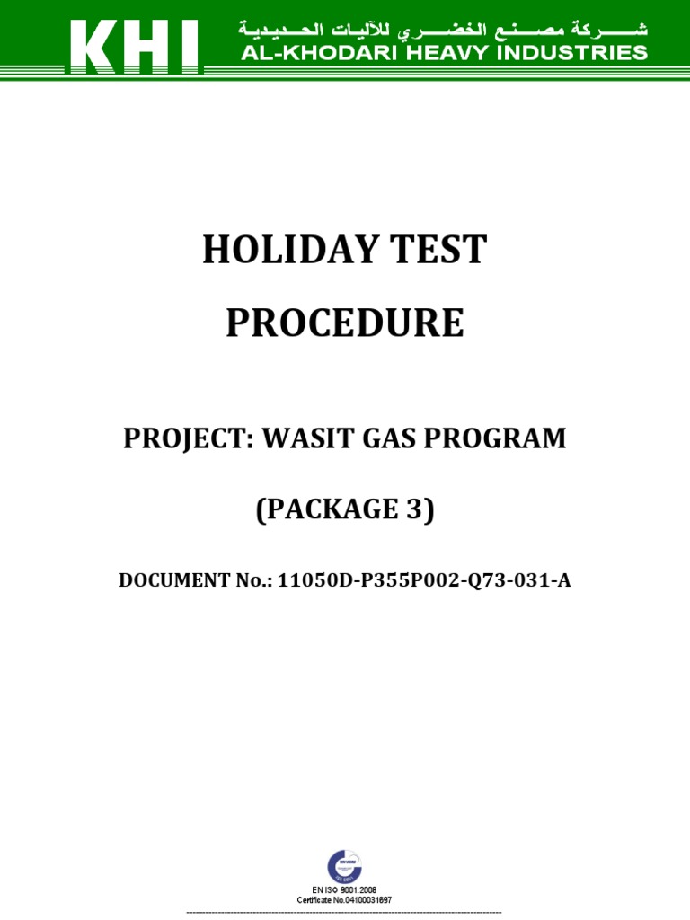 Holiday Test Procedure for Coatings | PDF | Sheet Metal | Specification ...