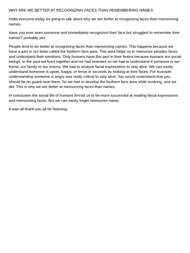 Why Are We Better at Recognizing Faces Than Remembering Names PDF | PDF