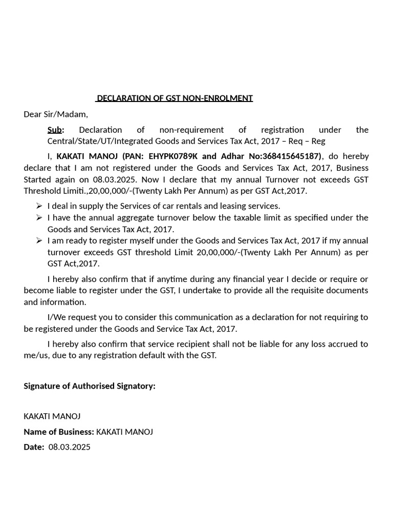 Declaration of GST Non Enrollment Kakati Manoj | PDF