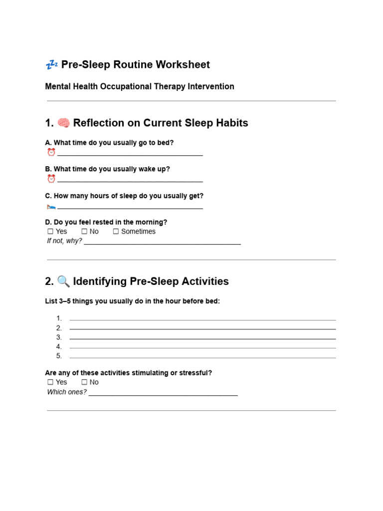 Pre-Sleep Routine Worksheet | PDF