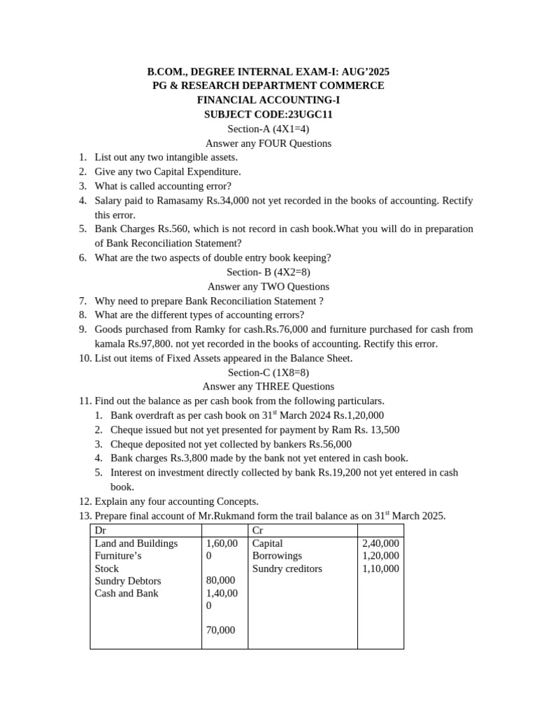 Internal Test - 1 I B.com 25-26 | PDF