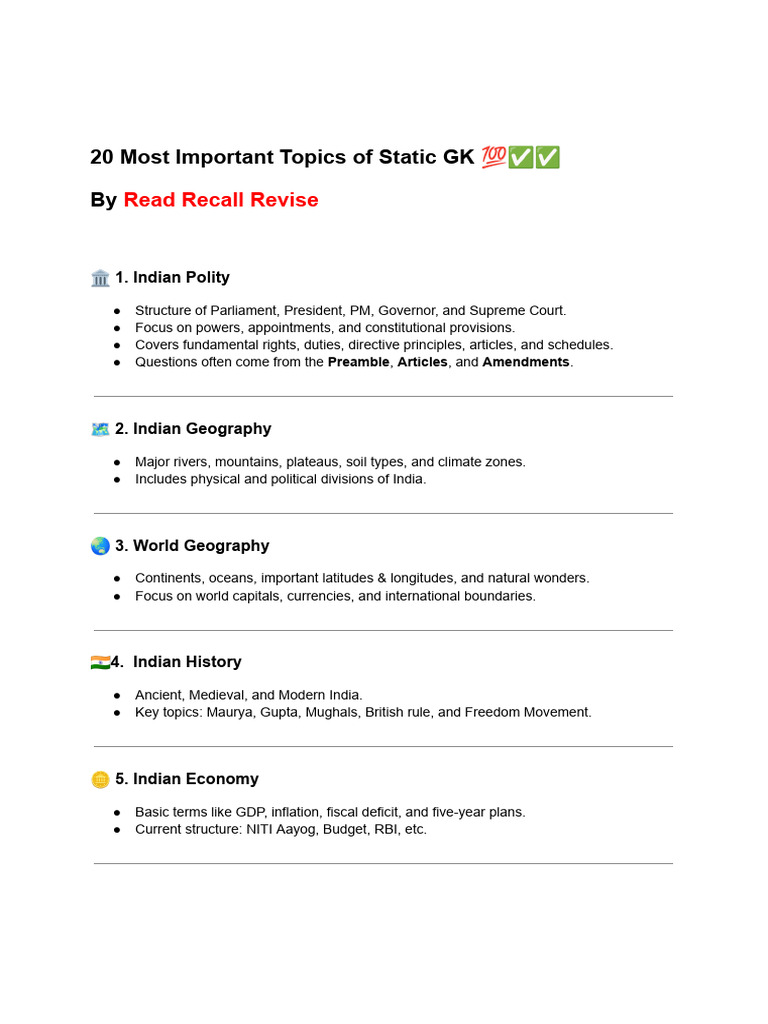 Key Static GK Topics for Exams | PDF