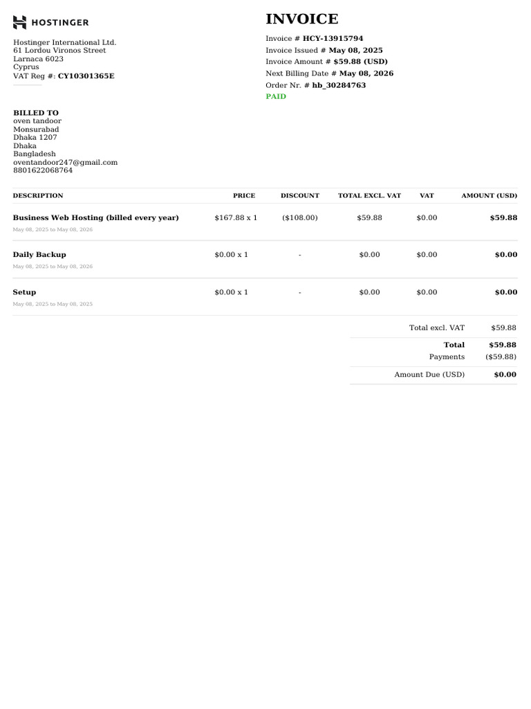 Billed To: Description Price Discount Total Excl. Vat VAT Amount (Usd ...