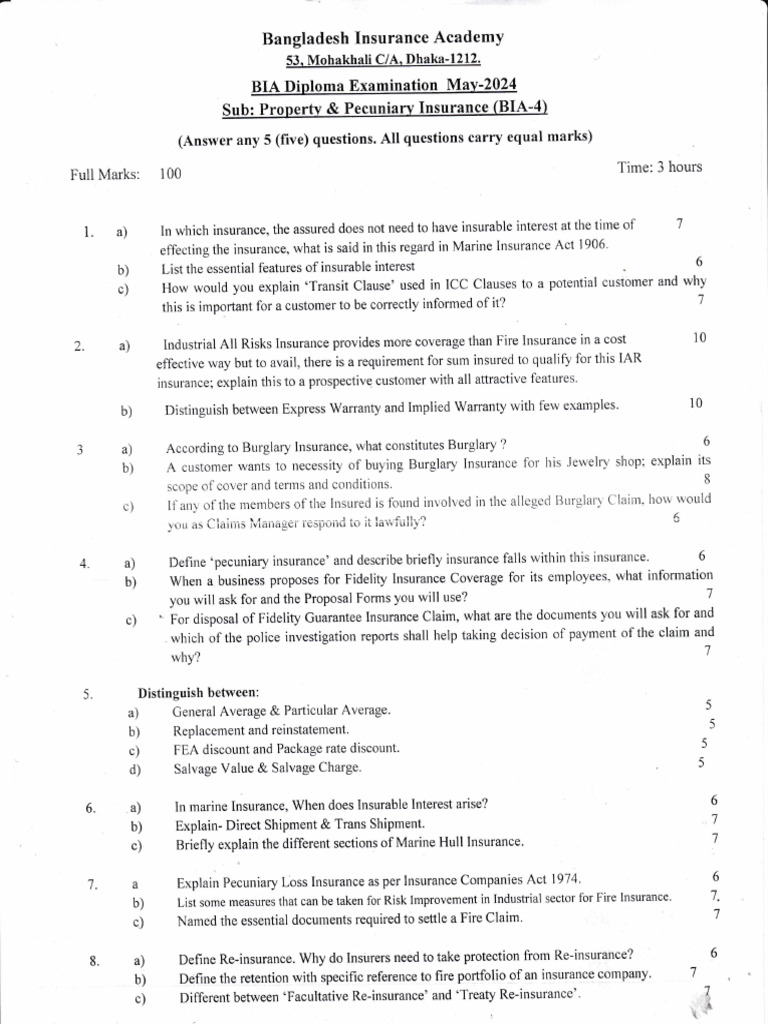 BIA Diploma Exam: Property Insurance Questions | PDF | Reinsurance ...