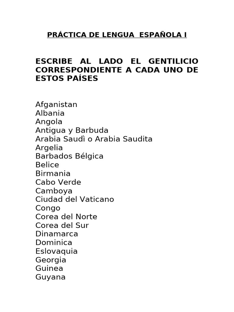 Práctica Sobre Los Gentilicios | PDF