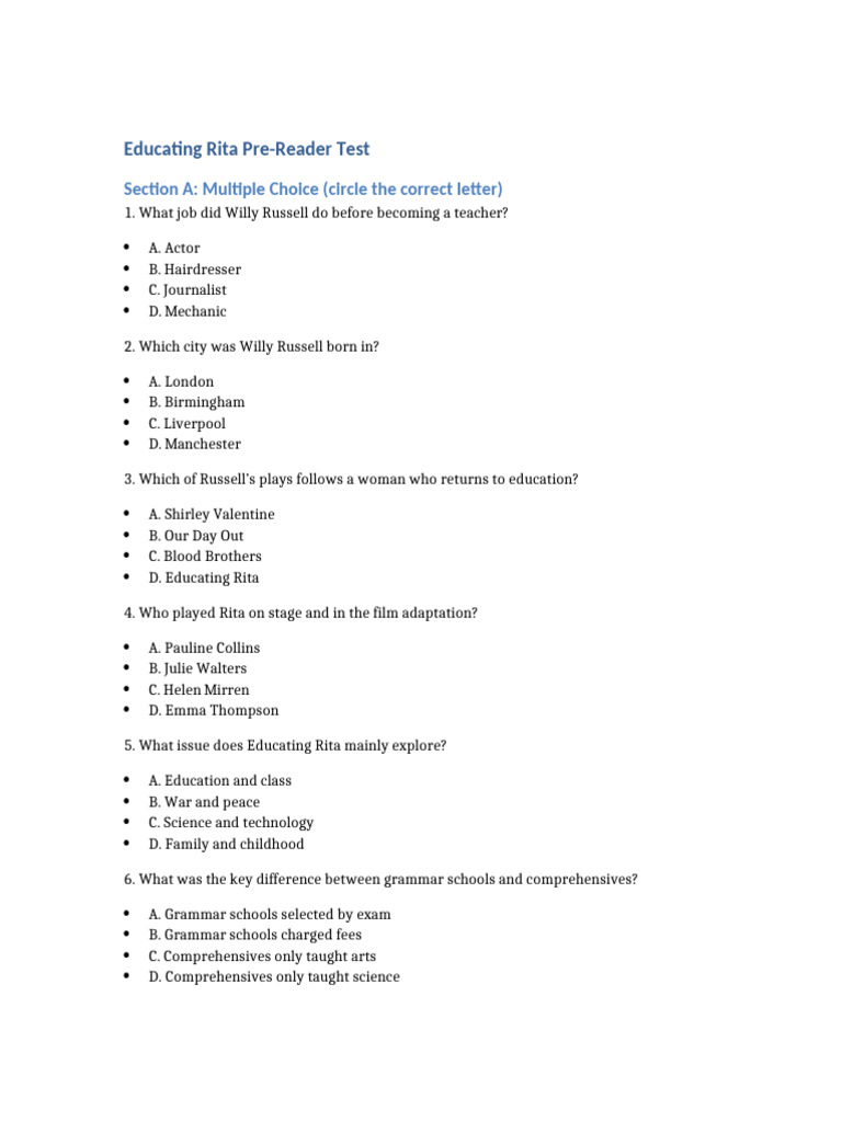 Educating Rita Test Focused | PDF