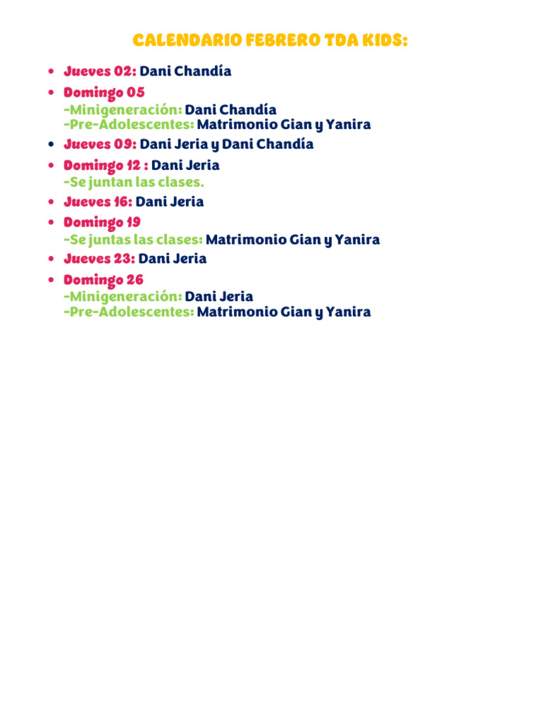 Calendario Febrero Tda Kids:: - Minigeneración: - Pre-Adolescentes | PDF