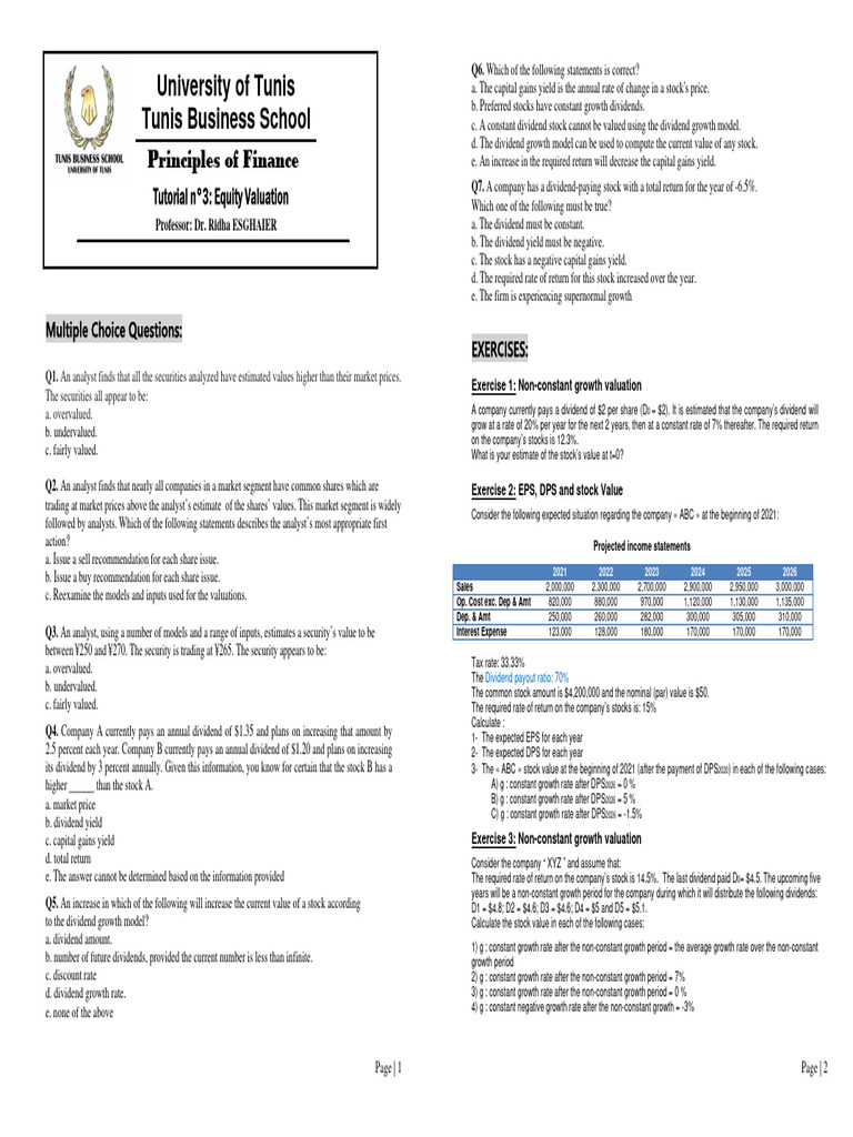 Tutorial 3 - Equity Valuation, The Discounted Dividend Model | PDF | Valuation (Finance) | Stock ...