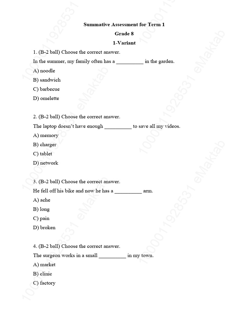 Grade 8 Term 1 Assessment Questions | PDF | Cuisine | Foods