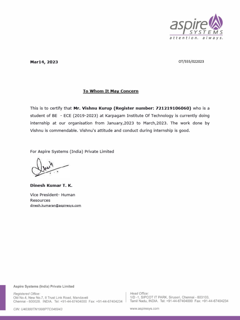 Aspire Systems Experience Letter | PDF