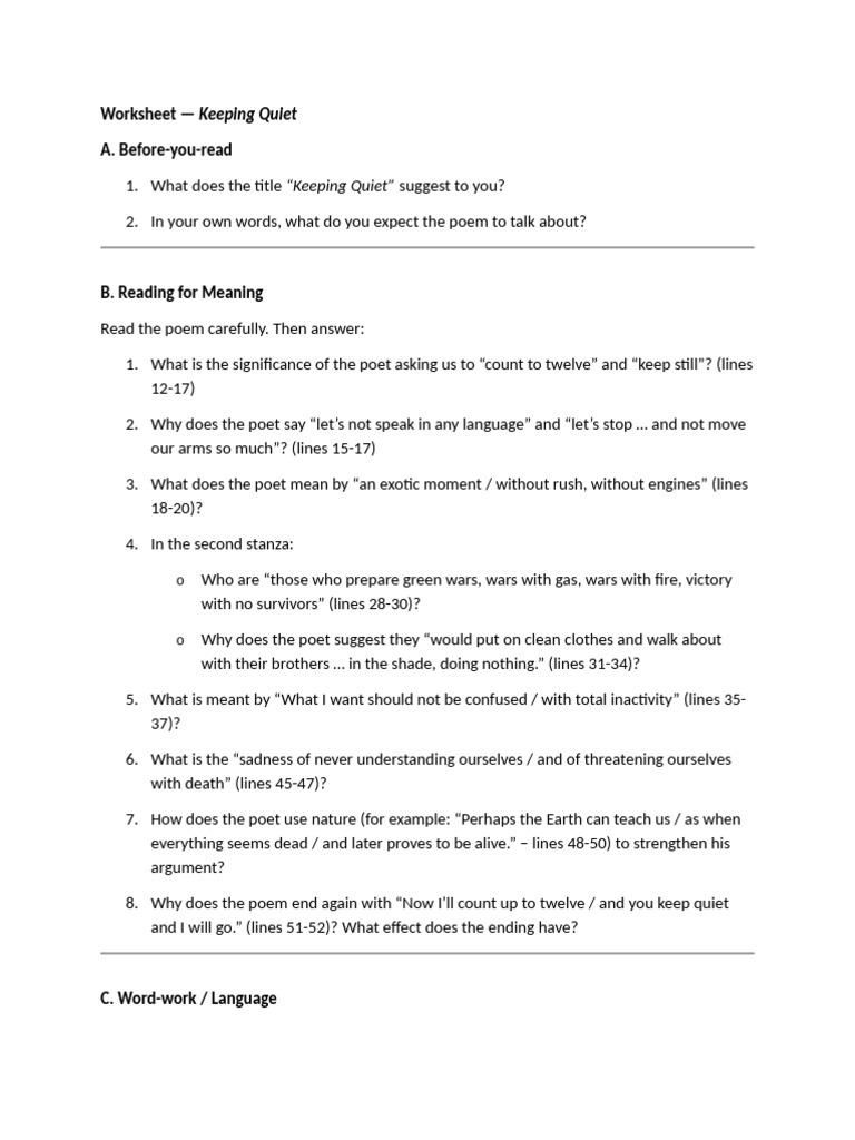 Keeping Quiet Worksheet QnAs | PDF | Poetry