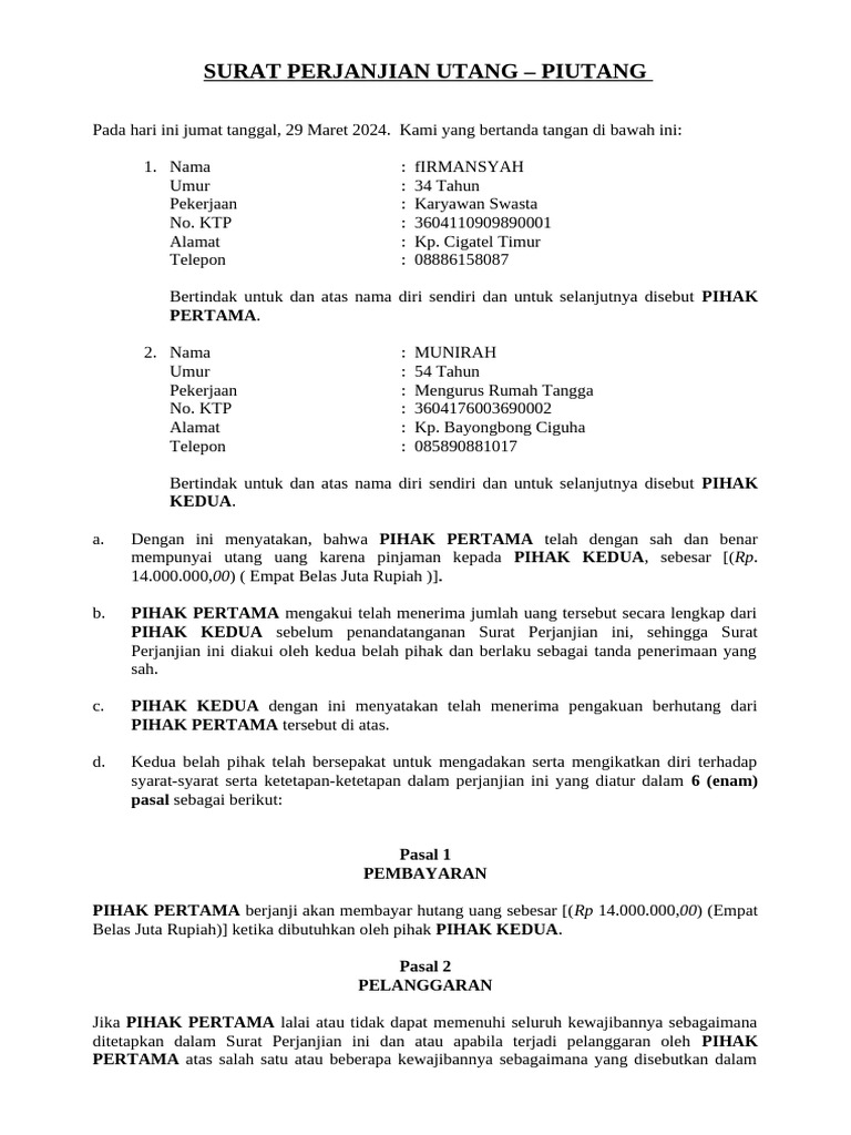 Surat Perjanjian Utang Rp 14 Juta | PDF