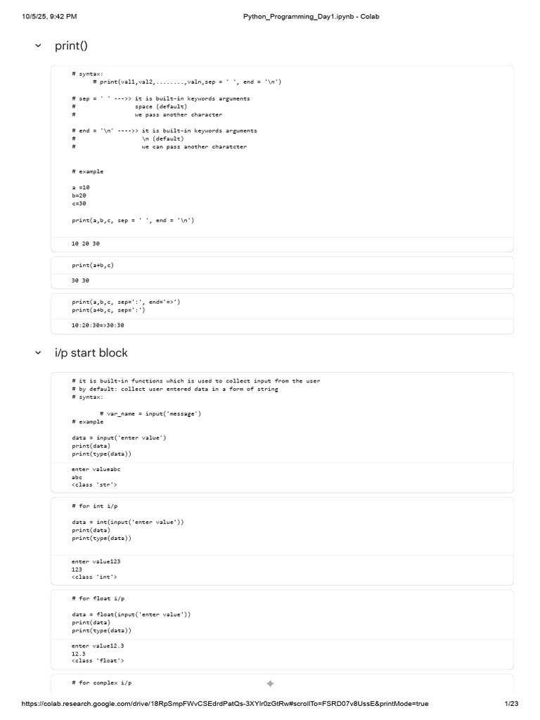Python Programming Day1.Ipynb - Colab | PDF | Boolean Data Type | Parameter (Computer Programming)