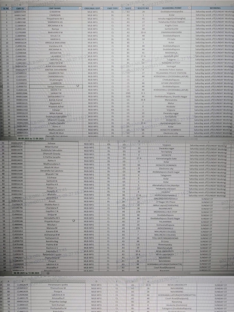 Sunday Working Employees List. | PDF