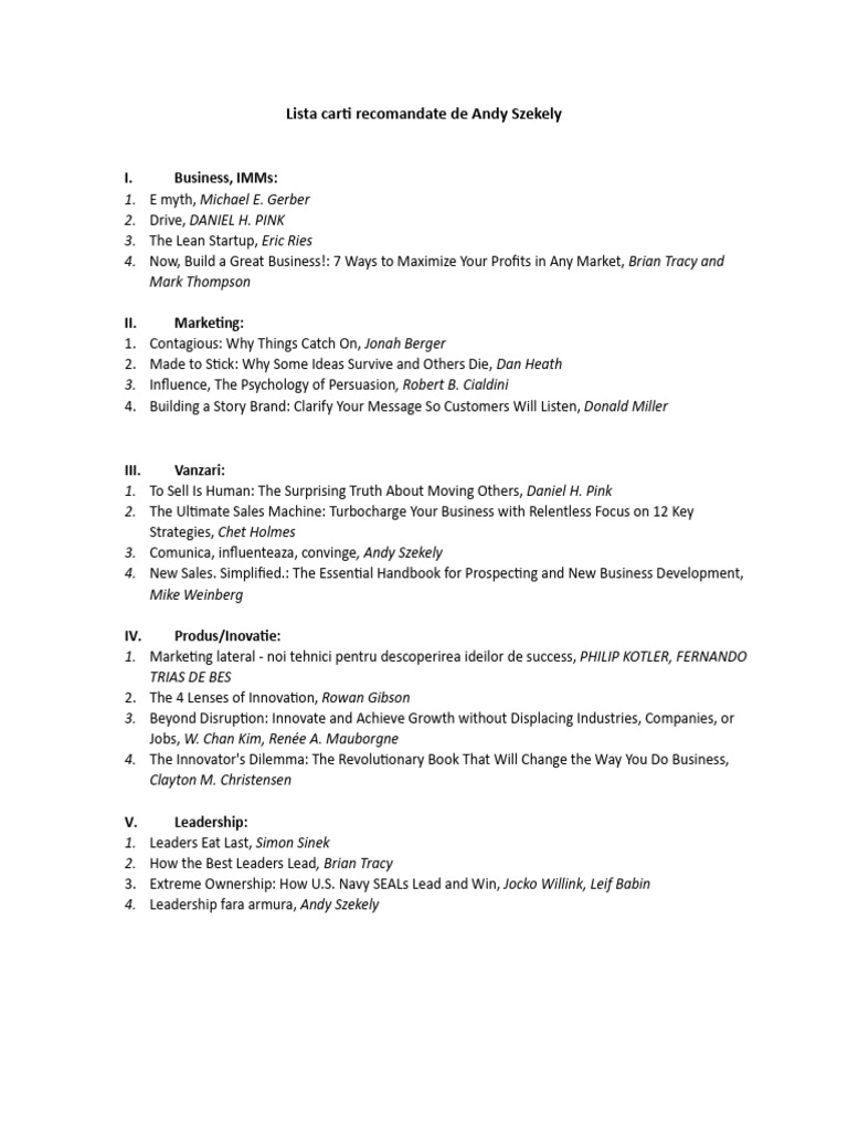 Lista Carti Recomandate de Andy Szekely | PDF