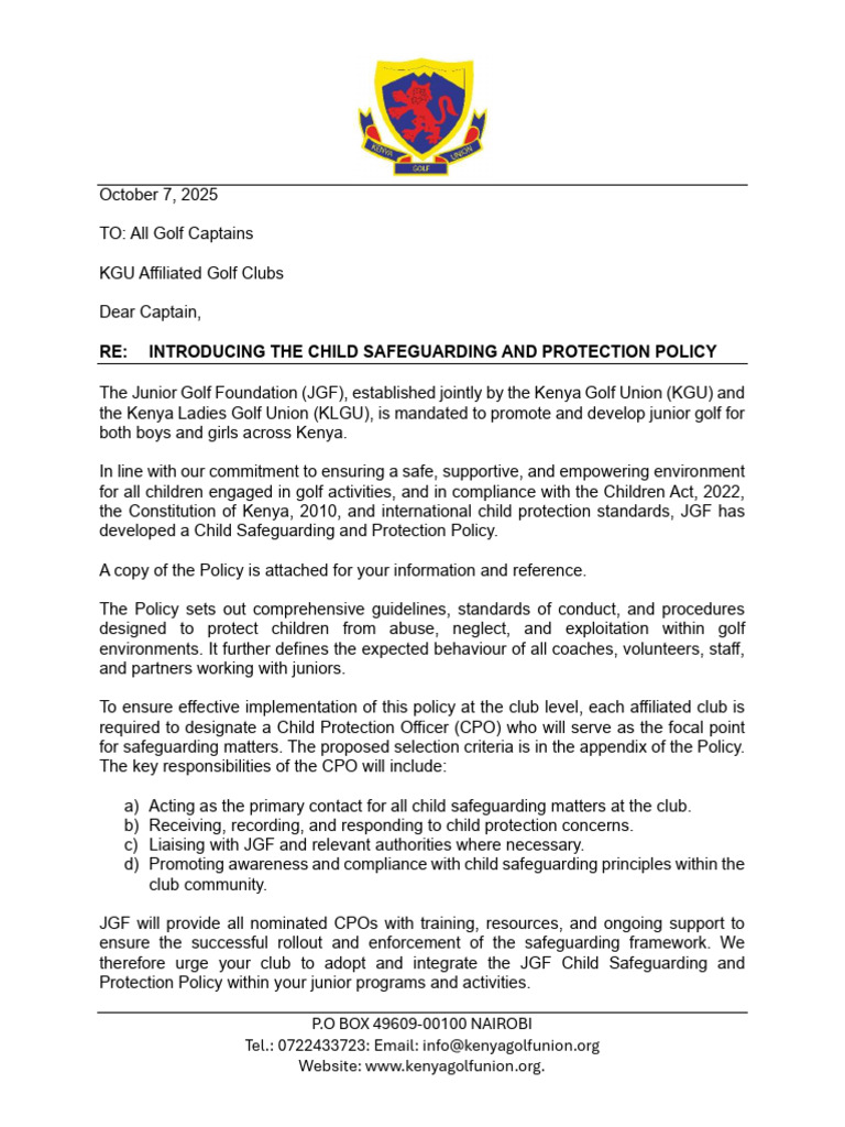JGF Child Protection and Safeguarding Policy 2025 circular | PDF | Child Protection | Child Abuse