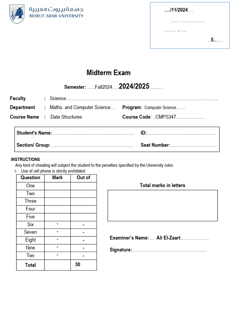 Sample - CMPS347-Midterm-Fall2024 | PDF | Integer (Computer Science ...
