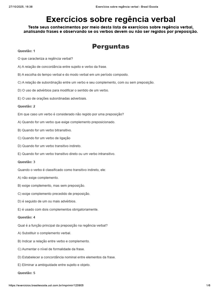 Exercícios de Regência Verbal | PDF | Objeto (gramática) | Mecânica da ...