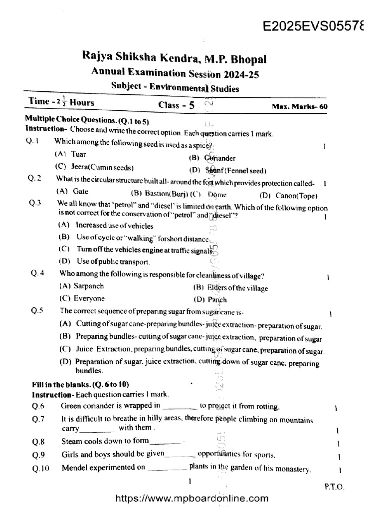MP Board Class 5 Environmental Studies 05578 2025 | PDF