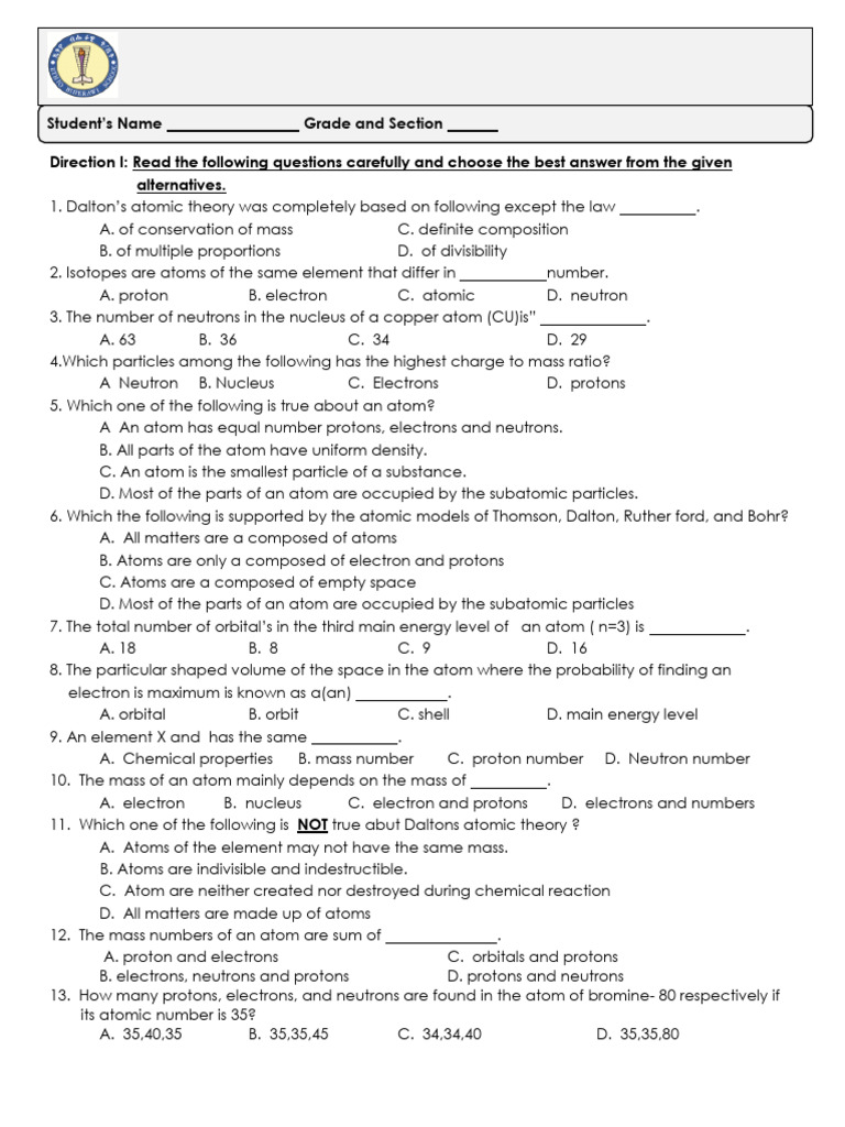 GR 12 Chemistry 1st Q Ws 1 | PDF | Atoms | Acid