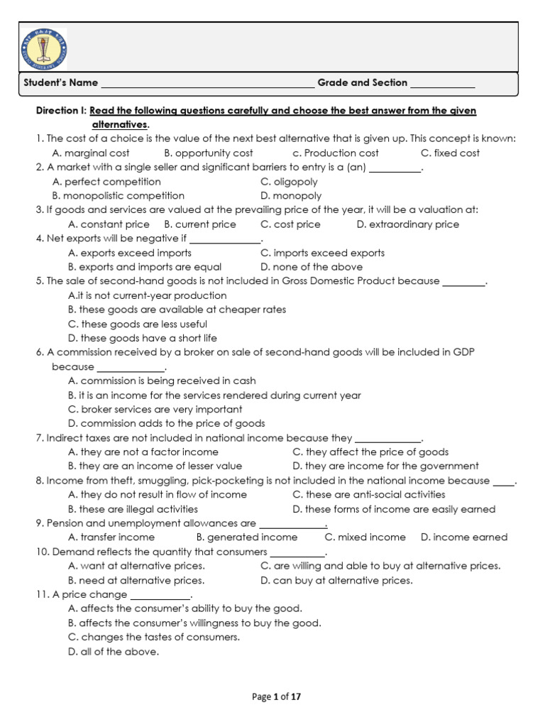 Grade 12 Economics Worksheet | PDF | Cost Of Living | Inflation