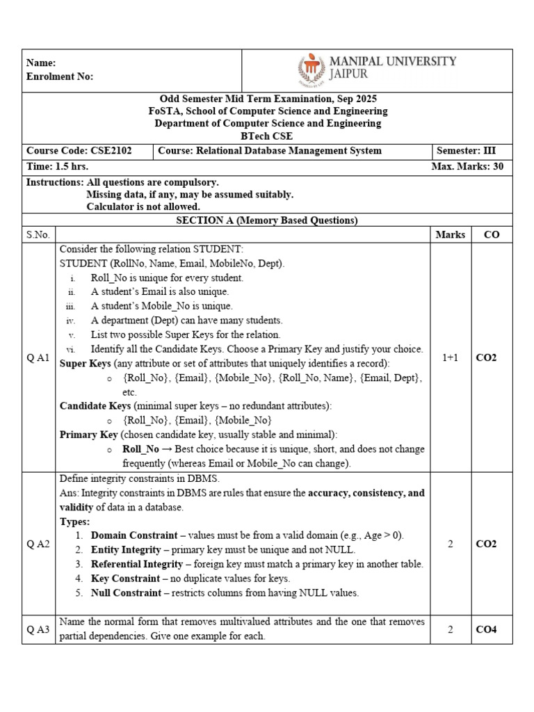 RDBMS MTE Paper _with Solution | PDF | Databases | Relational Database