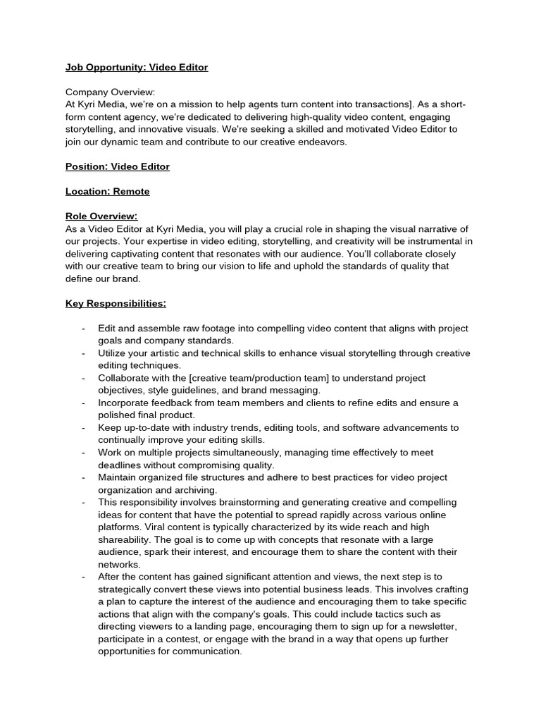 Kyri Media Video Editor Job Description | PDF | Storytelling | Brand