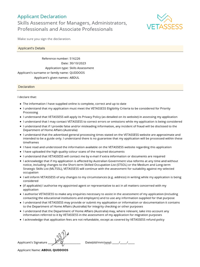 VETASSESS Skills Assessment Declaration | PDF