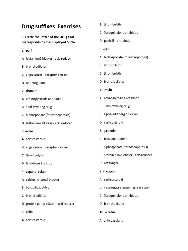 Drug Suffixes Matching Exercises | PDF | Drugs