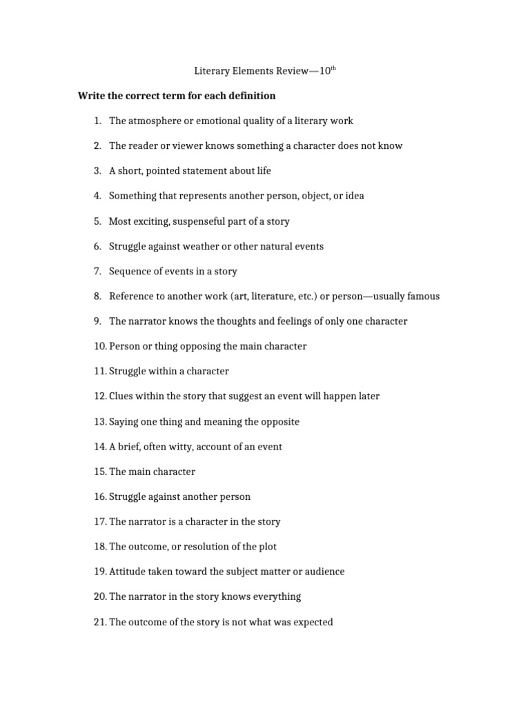Literary Elements Review-10th | PDF