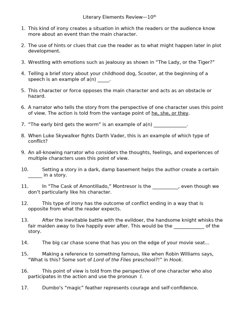 Literary Elements Review-10th 2 | PDF | Narration