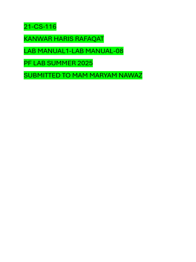 Lab Manual 1-8 Solution 21-Cs-116 1 | PDF | Pi | Computer Programming