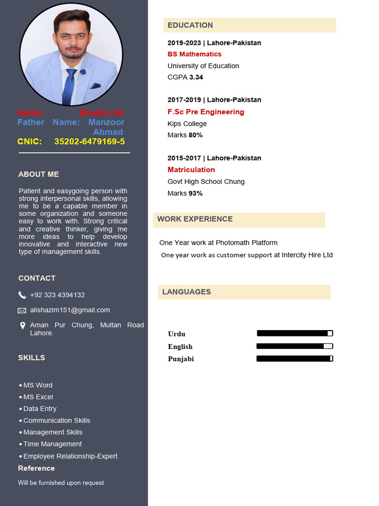 Name: Shazim Ali: Father Name: Manzoor Ahmad | PDF
