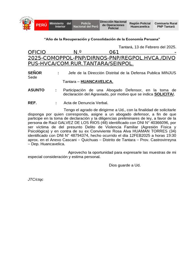 Oficio Solicitando Abogado Defensor para Imputado y Agraviado | PDF | Mala conducta | Violencia