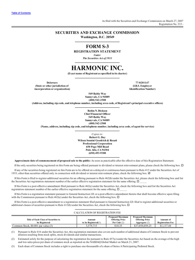 Harmonic Inc.: Form S-3 | PDF | Video On Demand | High Definition ...