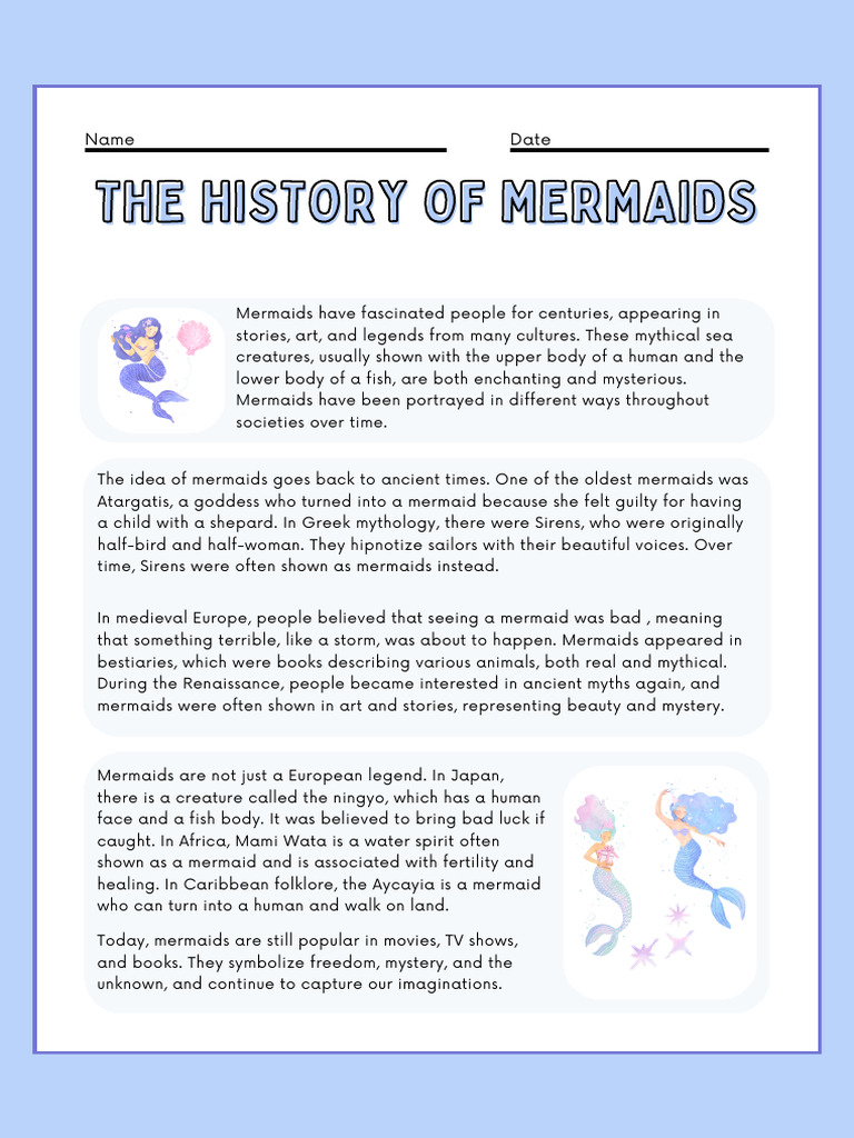 The History of Mermaids Reading Comprehension Worksheet For Middle ...