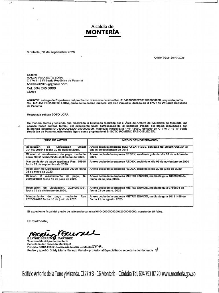 Entrega de expediente catastral en Montería | PDF