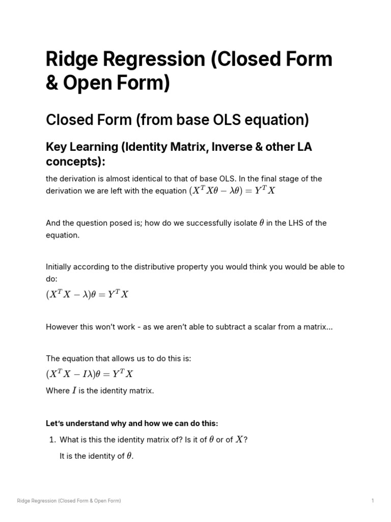 Ridge Regression Derivation | PDF | Matrix (Mathematics) | Ordinary ...
