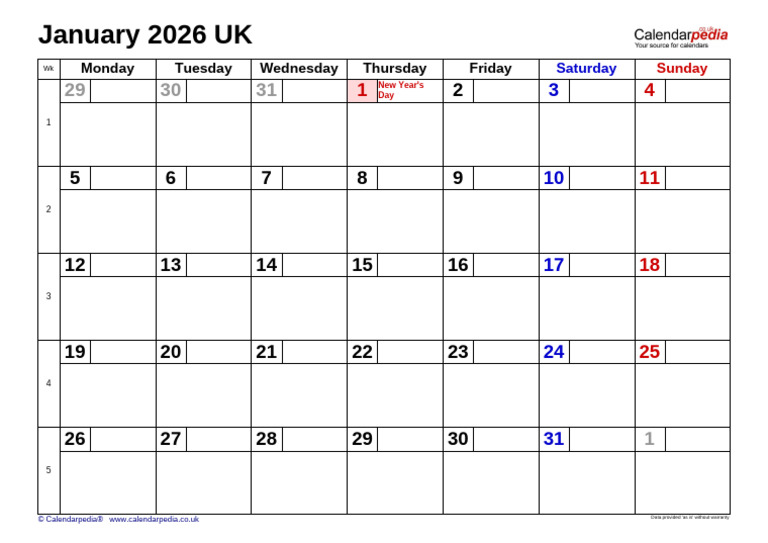 Calendar January 2026 Landscape Small Numerals | PDF
