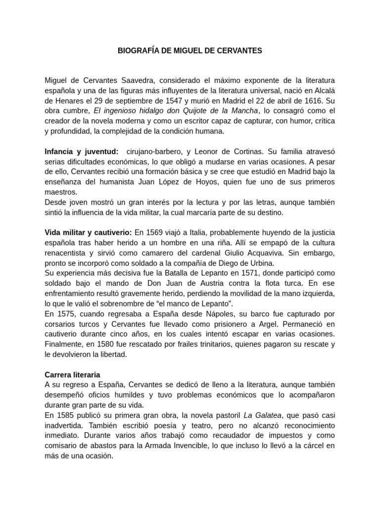 Biografía de Miguel de Cervantes | PDF | Miguel De Cervantes | Don Quijote