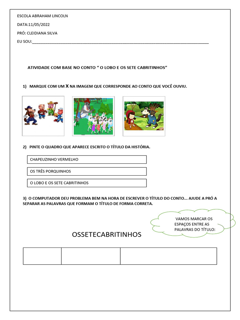 Atividades sobre o Lobo e os Sete Cabritinhos | PDF