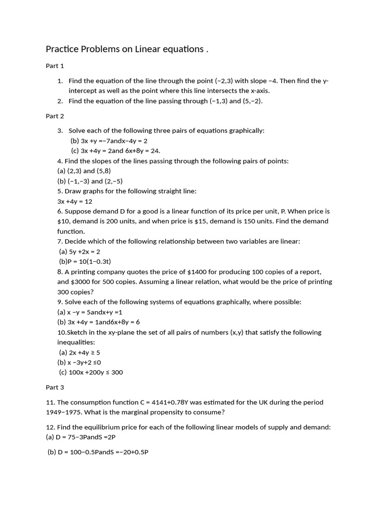 Linear Equations Practice Problems | PDF | Demand | Goods
