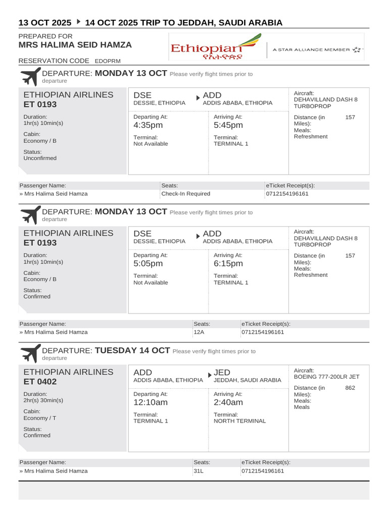 Travel Reservation October 13 For MRS HALIMA SEID HAMZA | PDF | Jet ...