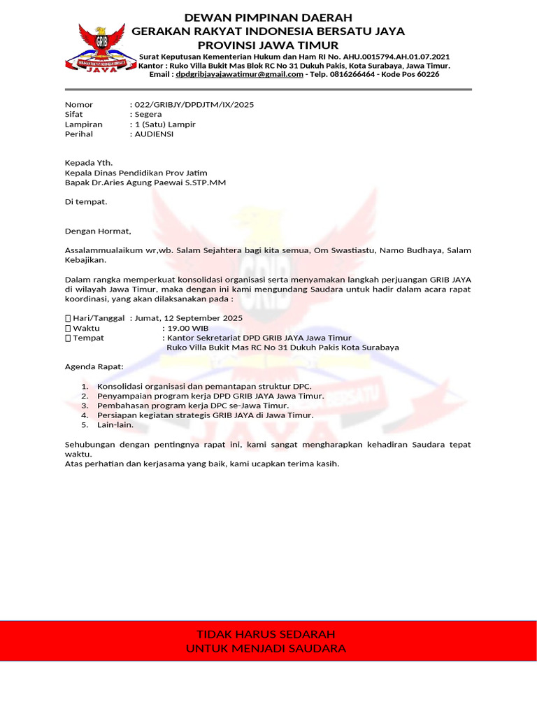 Kop Surat DPD Grib Jaya Jawa Timur | PDF
