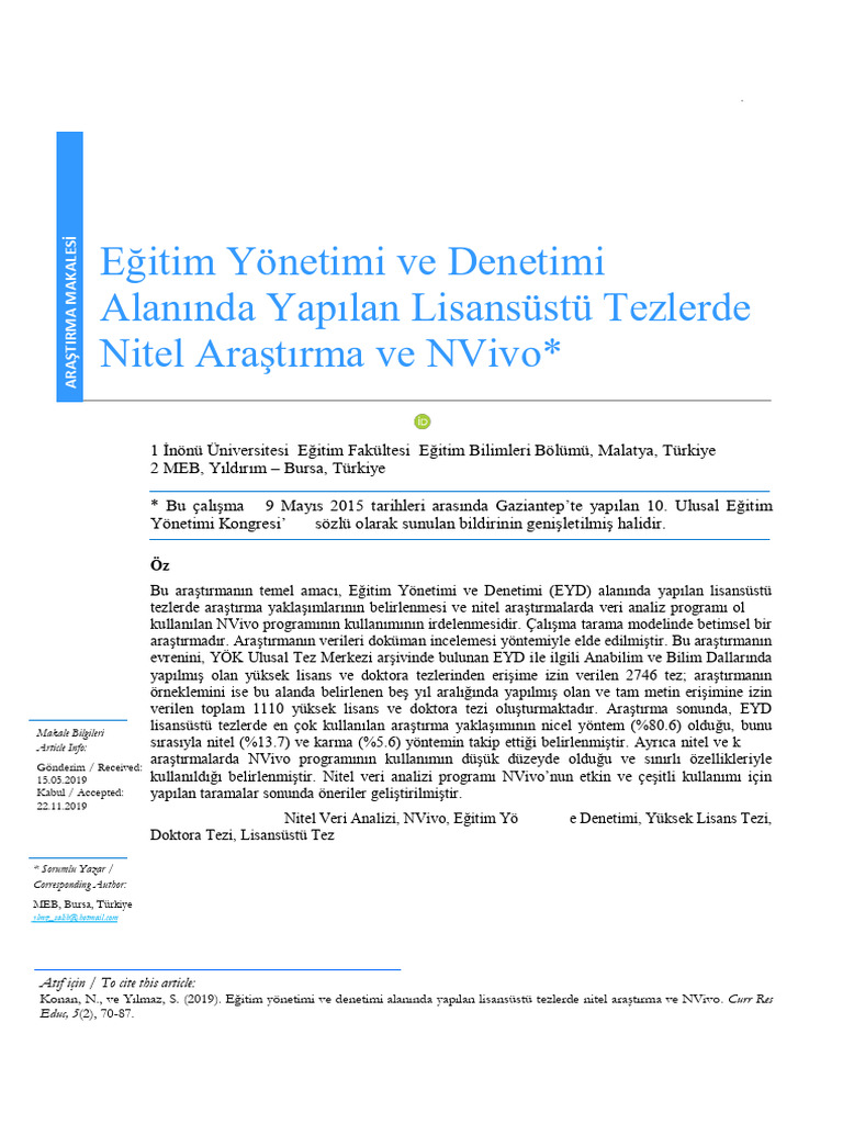 E Itim Y Netimi Ve Denetimi Alan Nda Yap Lan Lisans ST Tezlerde Nitel Ara T Rma Ve NVivo ...