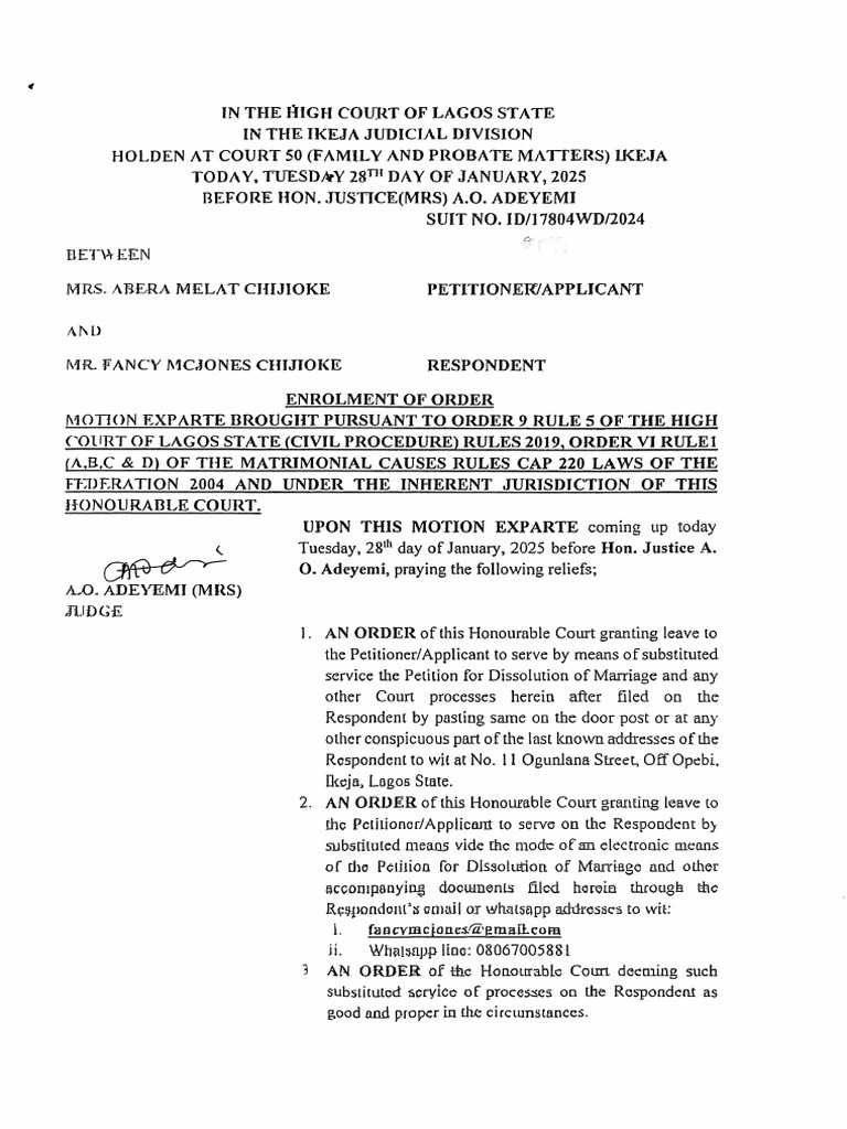 Order of Abera Melat Chijioke Vs Fancy Mcjones Chijioke | PDF