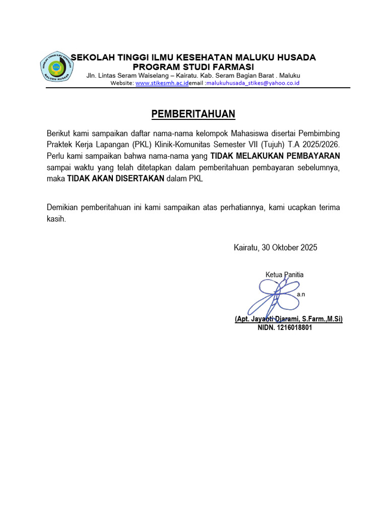 Pemberitahuan Nama Kelompok Dan Pembimbing PKL Klinik-Komunitas 2025-2026-2 | PDF