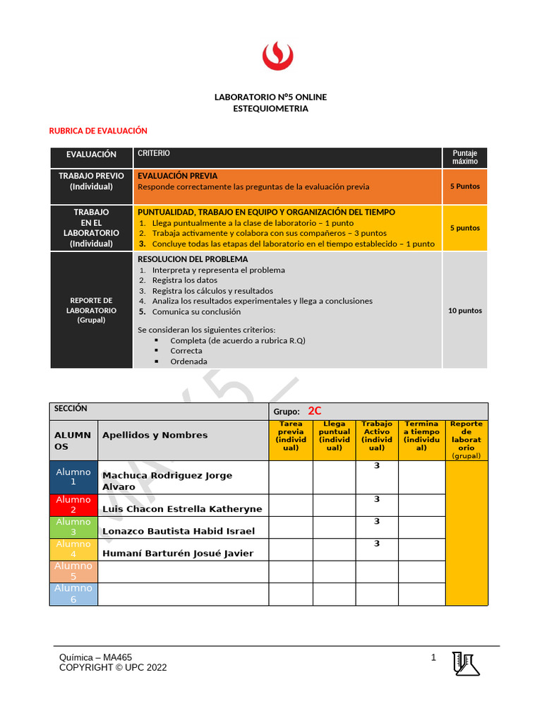 Lab05 - Reporte de Laboratorio - Grupo 02 - 2022 - 01 | PDF | Estequiometría | Química